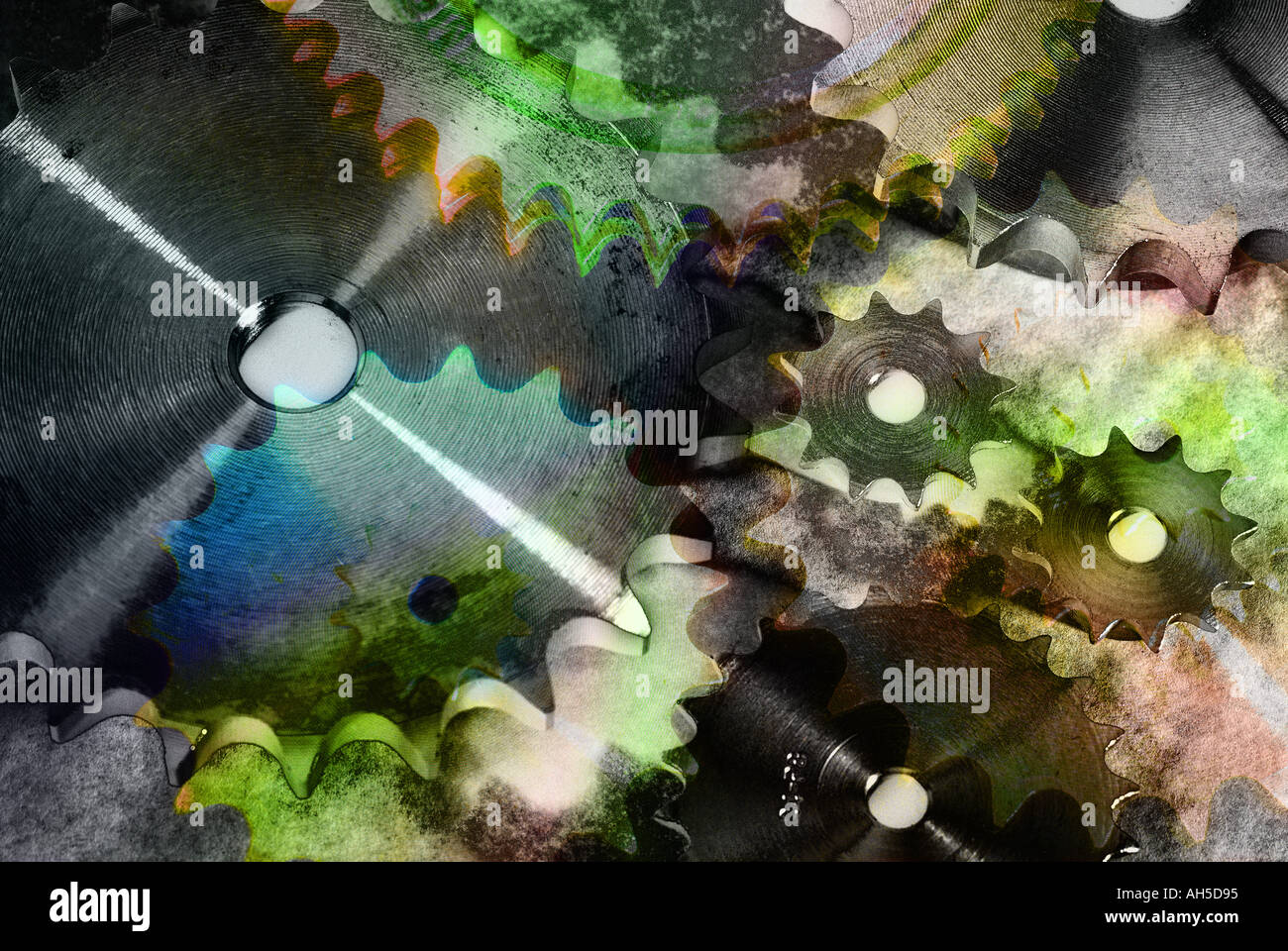 Abstract image of cogs and gears with star light effect and bright ...