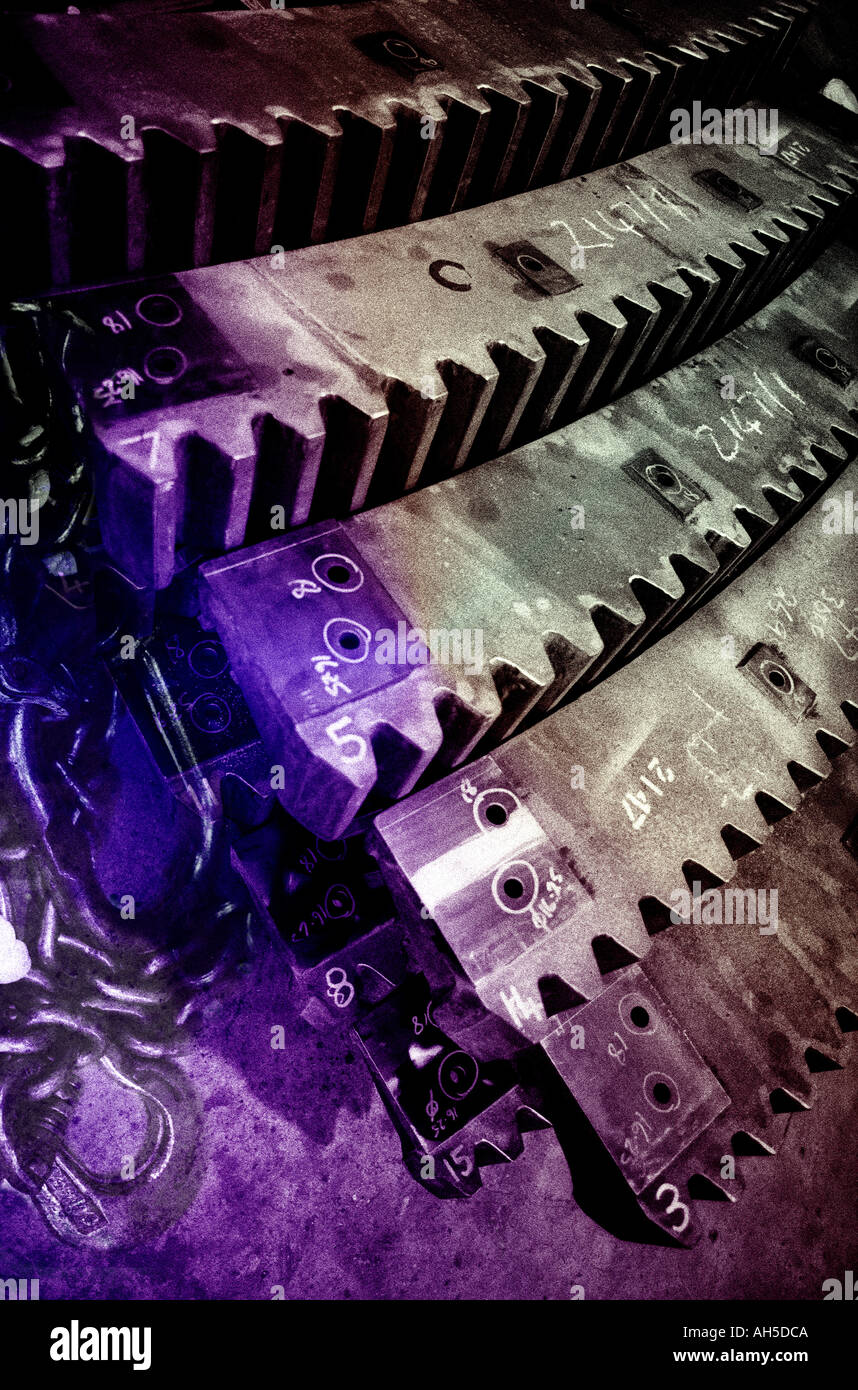 Large giant cogs and gears on factory floor in violet light Stock Photo ...