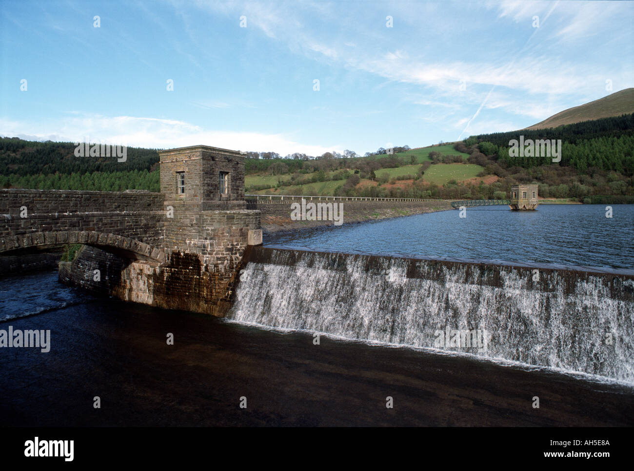 Welsh reservoir showing dam and water storage in mountains Stock Photo ...