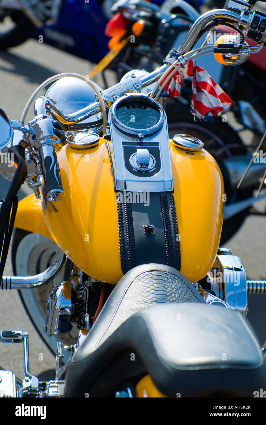 Close up of a Harley Davidson at a bikers meeting viewed from the rear ...