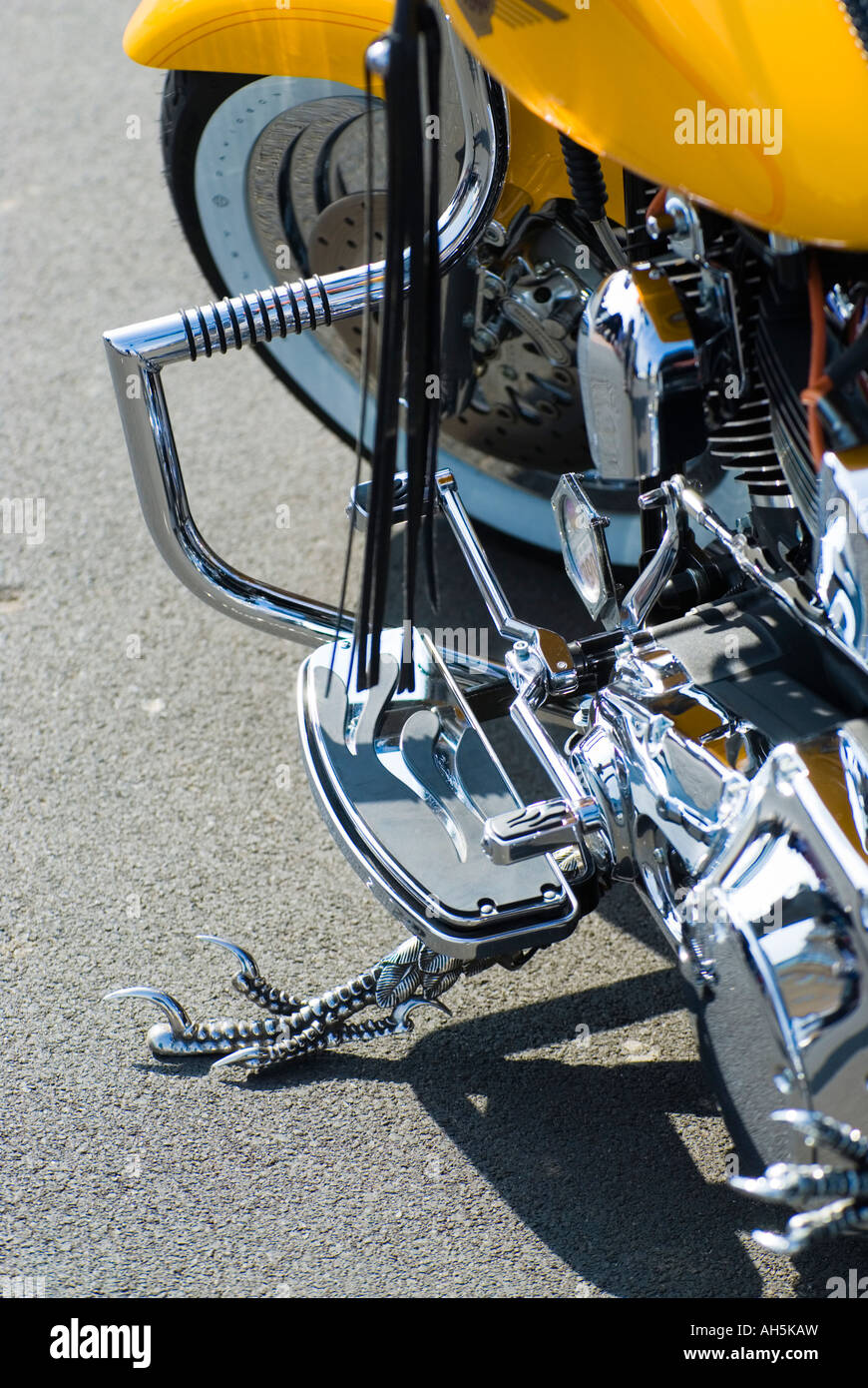 Side rear three quarter view of a Harley Davidson Motorcycle on display ...
