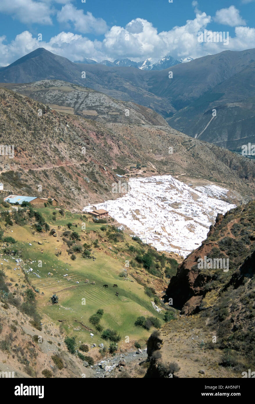 Inca salt pans below salt spring Salineras de Maras Sacred Valley Cuzco ...