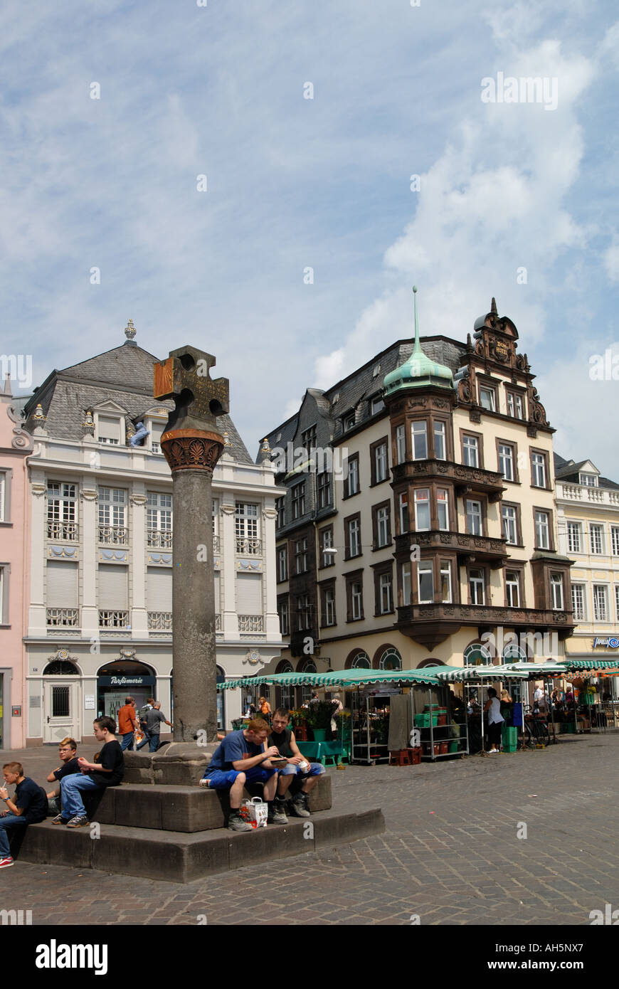 Stone cross on the market square in Trier at the Mosel river (Moselle ...