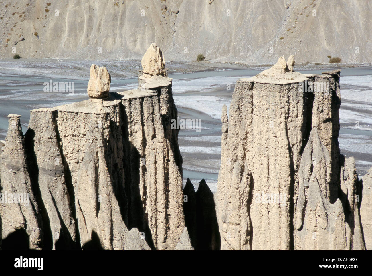 Earth pillars fairy towers rainwash erosion in terrace sediments Spiti ...