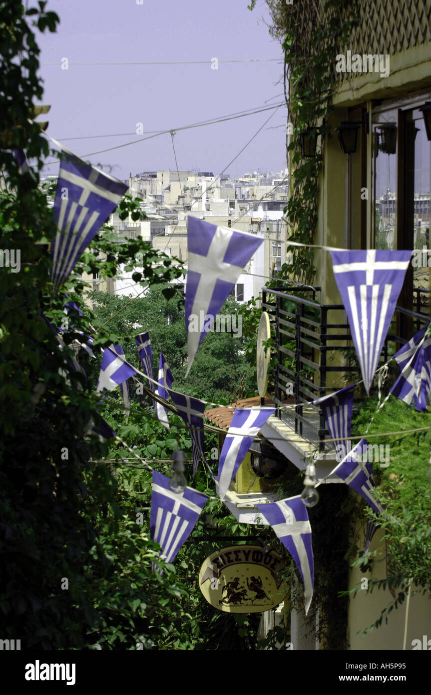 plaka Athens greece greek flags blue white pennants vertical Stock ...