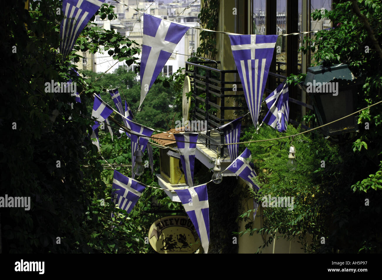 plaka Athens greece greek flags blue white pennants horizontal Stock ...