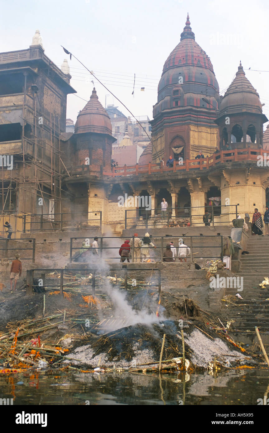 Cremation pyres Manikarnika Ghat Varanasi Benares Uttar Pradesh India ...
