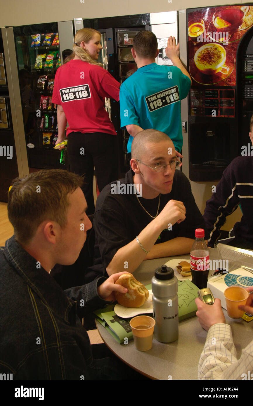 Employees eating in the staff dining area at The Number 118 118 Cardiff ...