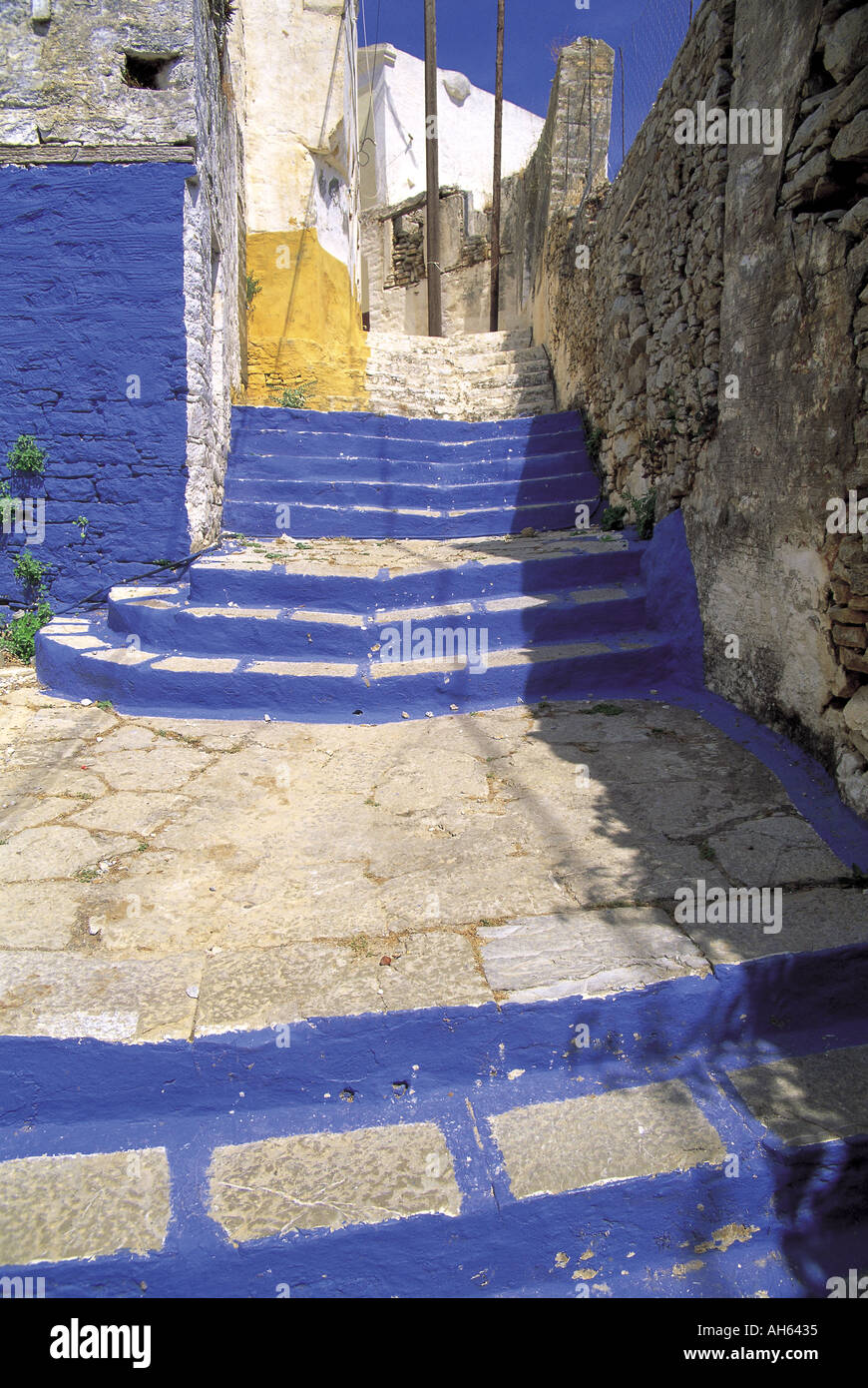 Blue Steps painted on a steep street in Upper Symi, Dodecanese Islands ...