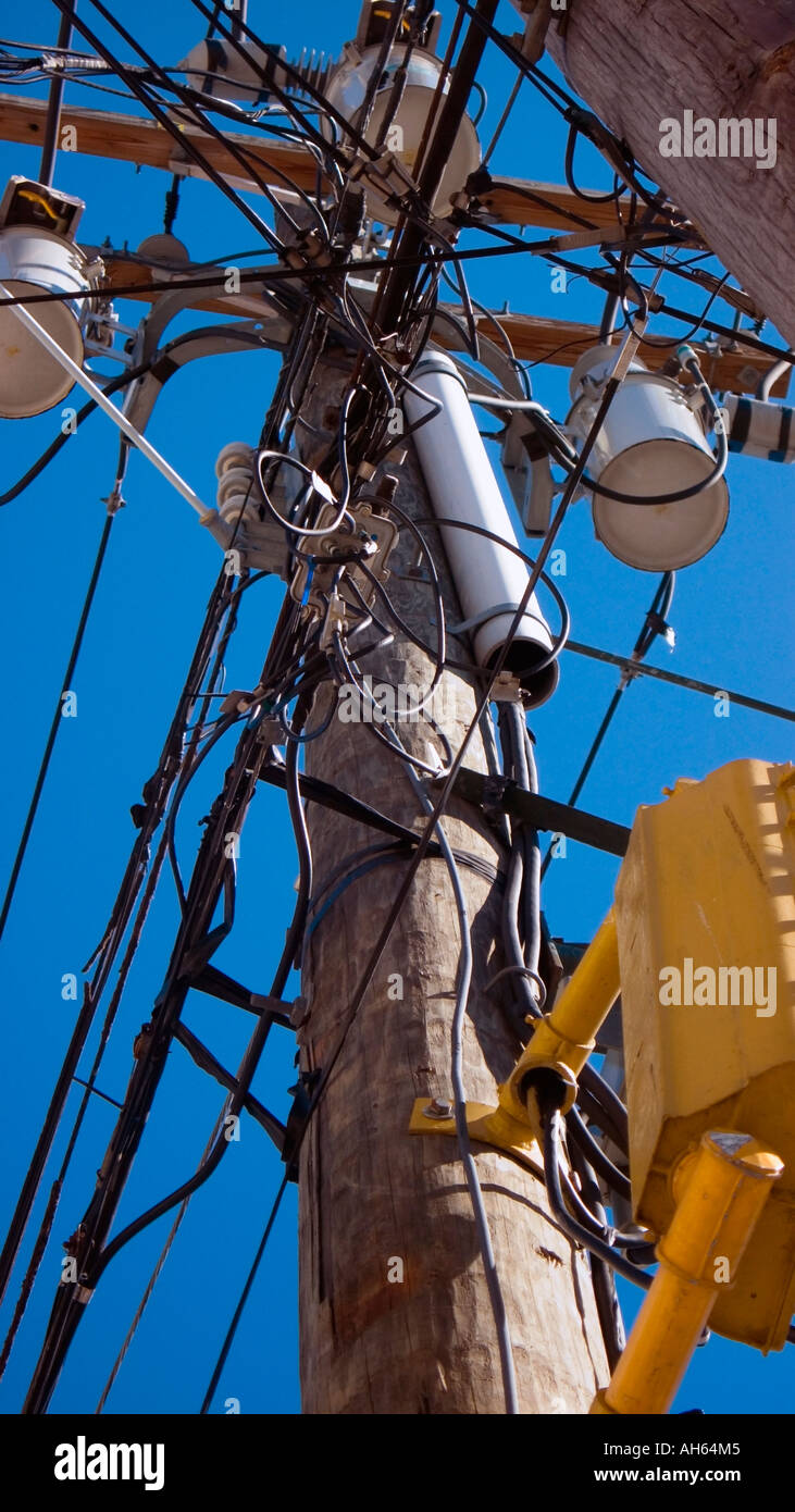 Wooden power pole and wires to transmit electricity and telephone land ...