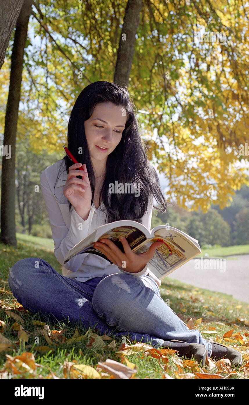 woman read a book under yellow tree Stock Photo - Alamy