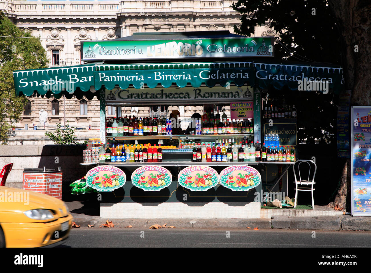 road side kiosk beside river Tiber in Rome Italy selling drinks and ...