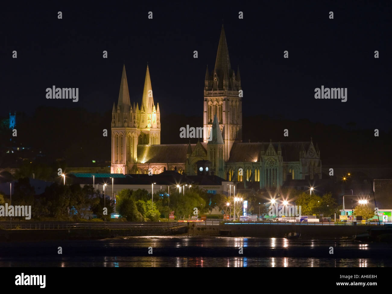 Night scene at Malpus Truro Cornwall UK with the Cathedral lit up in ...