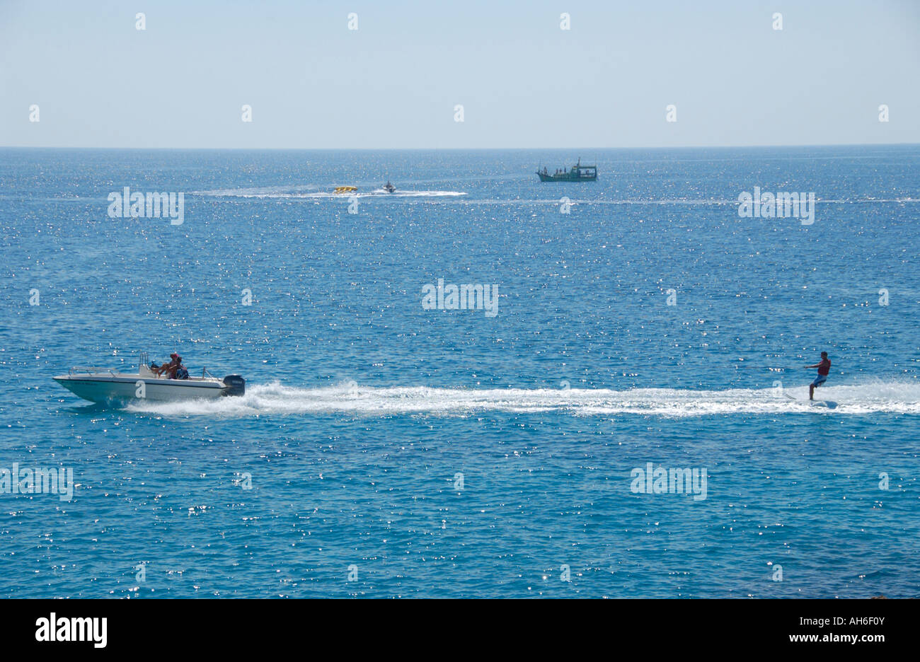 Water skiing off Nissi Beach near Ayia Napa on the Mediterranean island ...