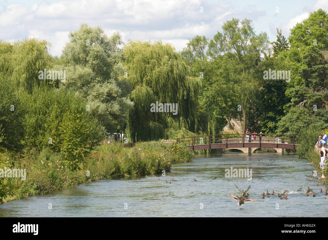 BIBURY GLOUCESTERSHIRE COTSWOLDS UK VISITORS ADMIRING THE RIVER COLN ...