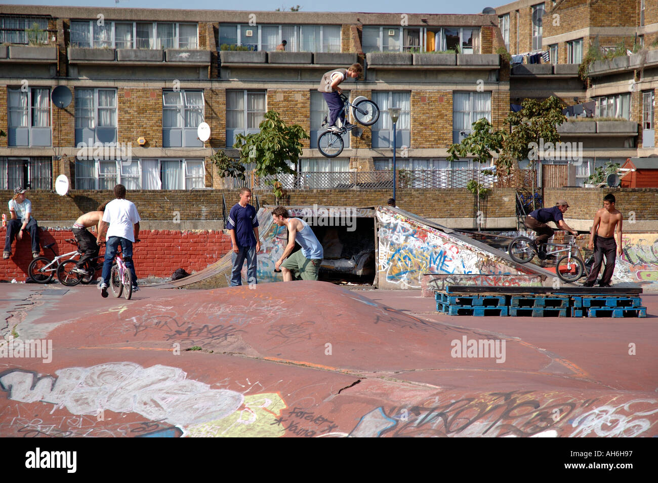 Youths on BMX cycles at urban Skate park in Brixton South London Stock ...