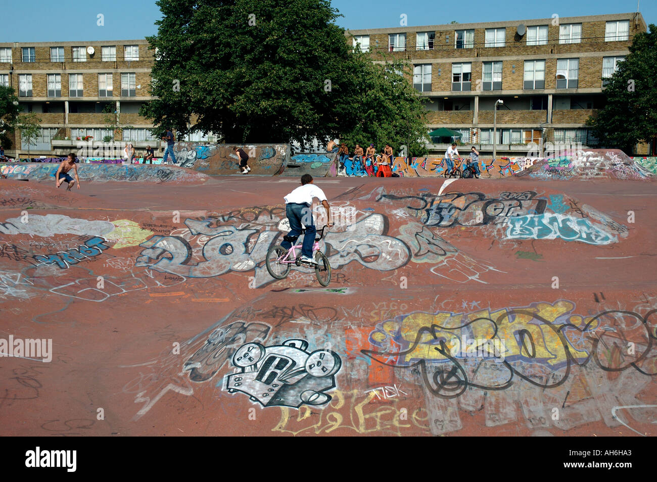 Youths on BMX cycles at urban Skate park in Brixton South London Stock ...