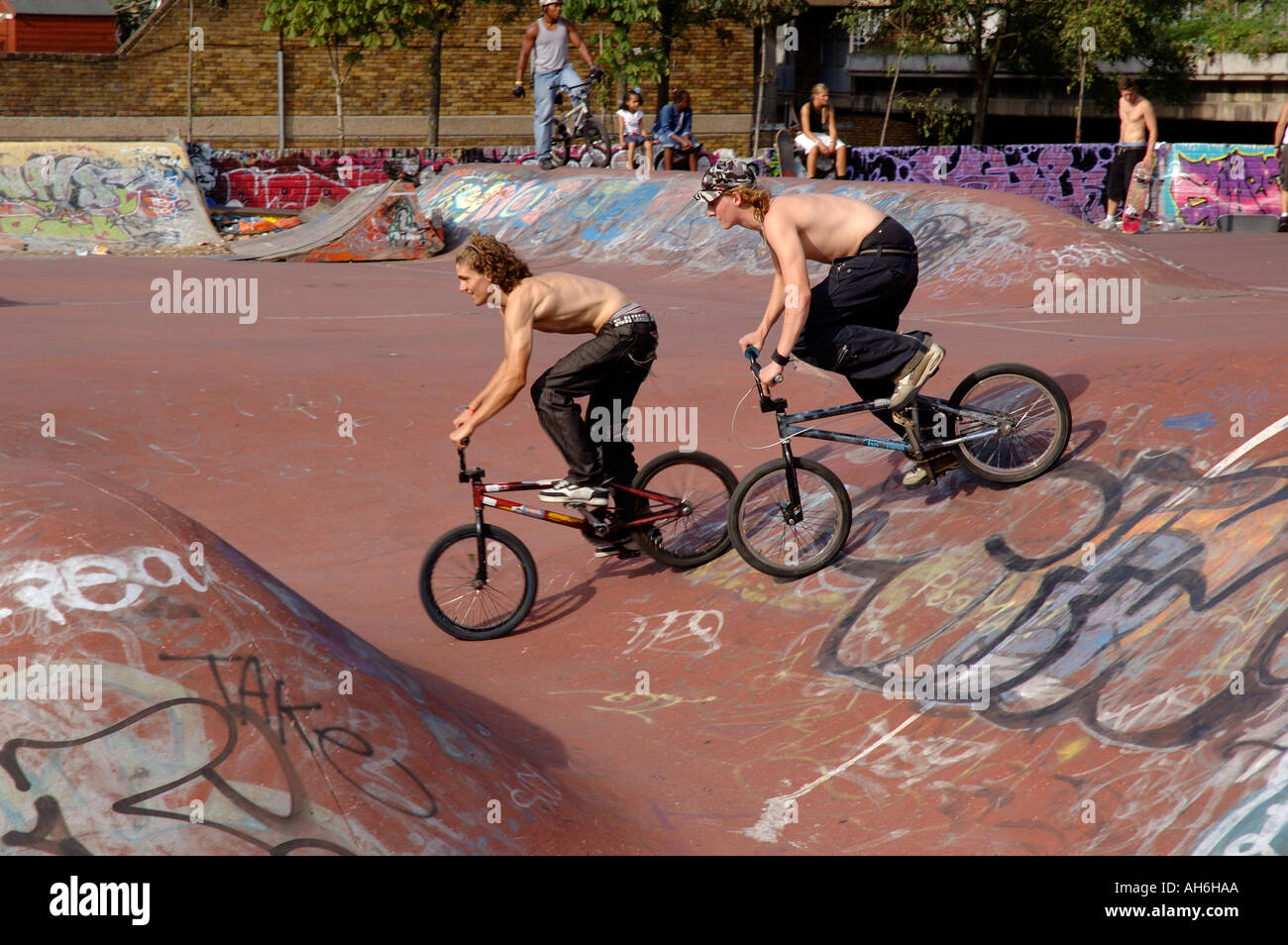 Youths on BMX cycles at urban Skate park in Brixton South London Stock ...