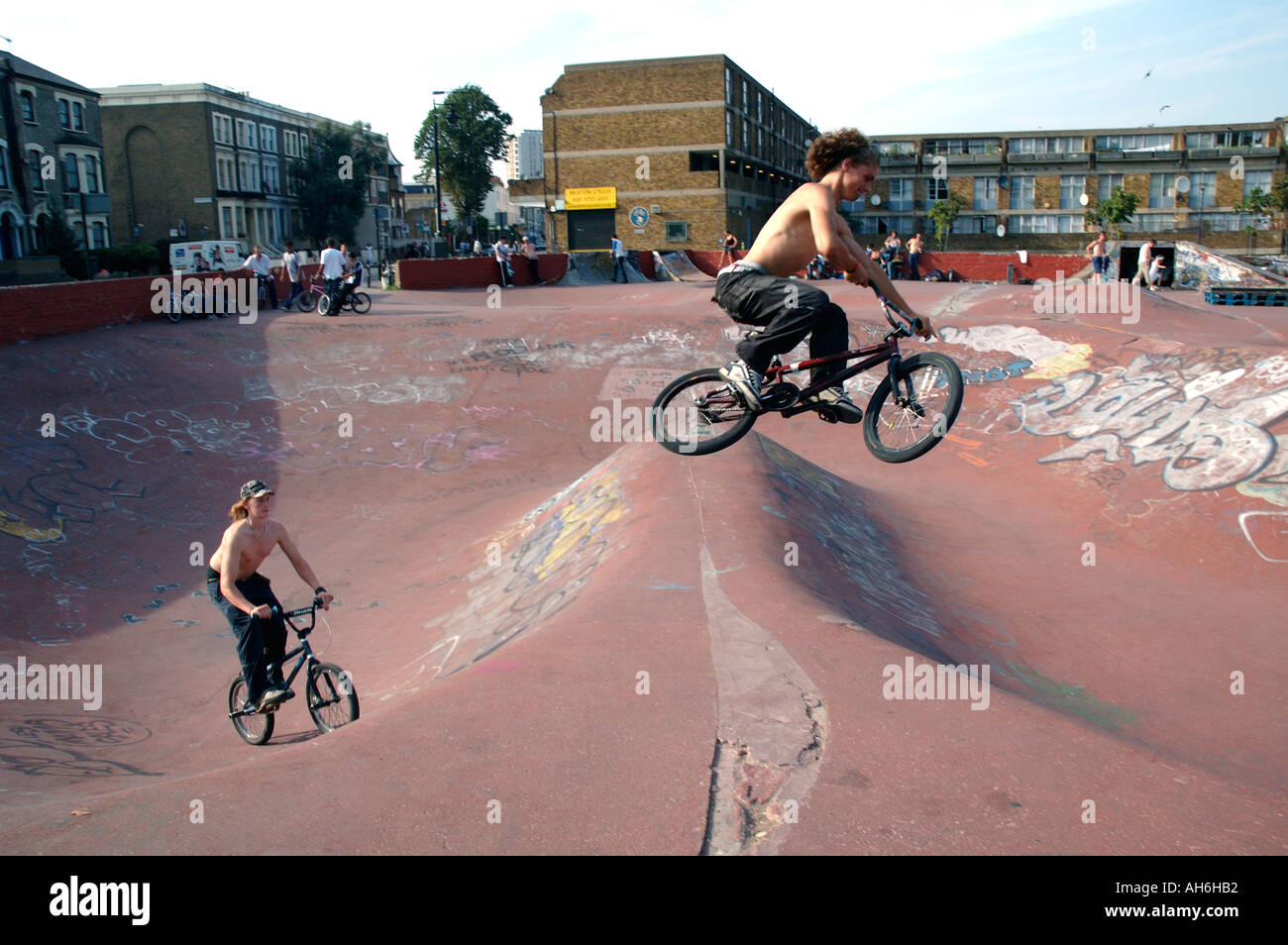 Youths on BMX cycles at urban Skate park in Brixton South London Stock ...