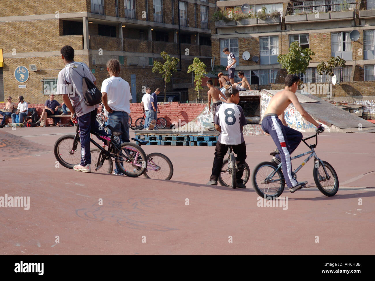 Youths on BMX cycles at urban Skate park in Brixton South London Stock ...