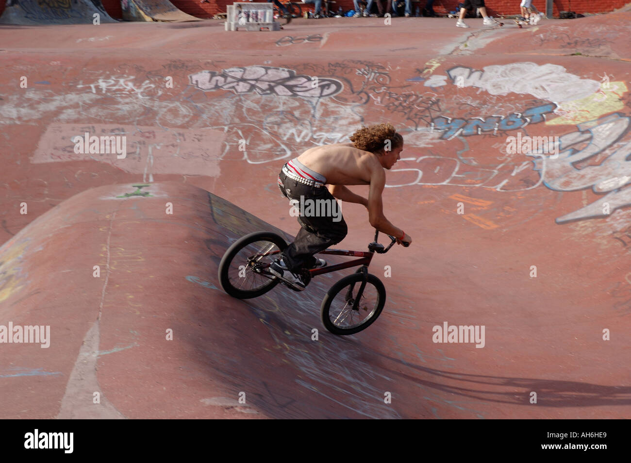 Youths on BMX cycles at urban Skate park in Brixton South London Stock ...