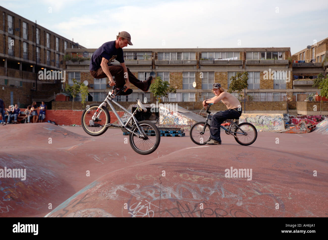 Youths on BMX cycles at urban Skate park in Brixton South London Stock ...