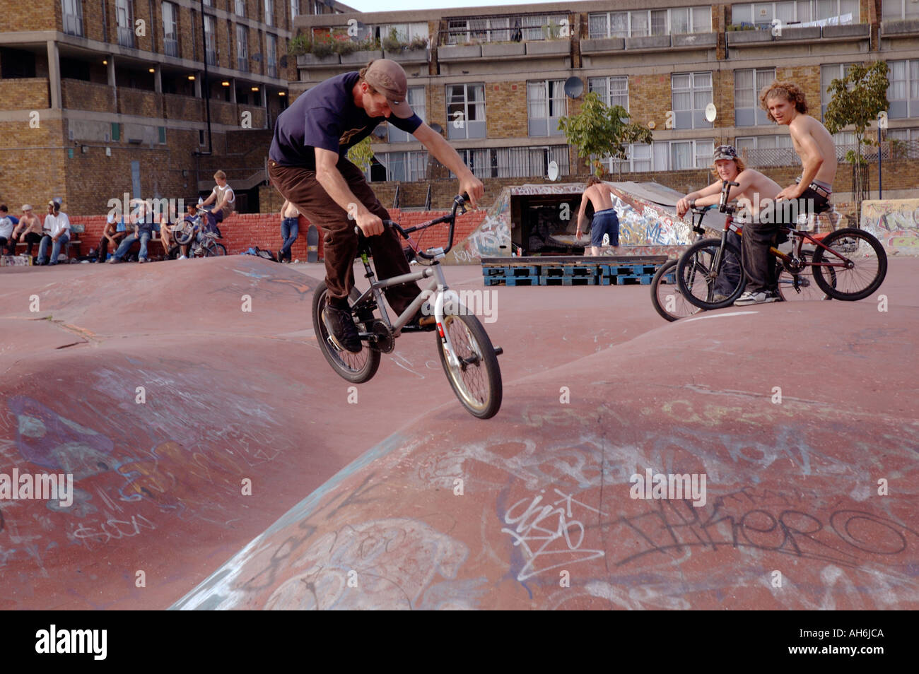 Youths on BMX cycles at urban Skate park in Brixton South London Stock ...