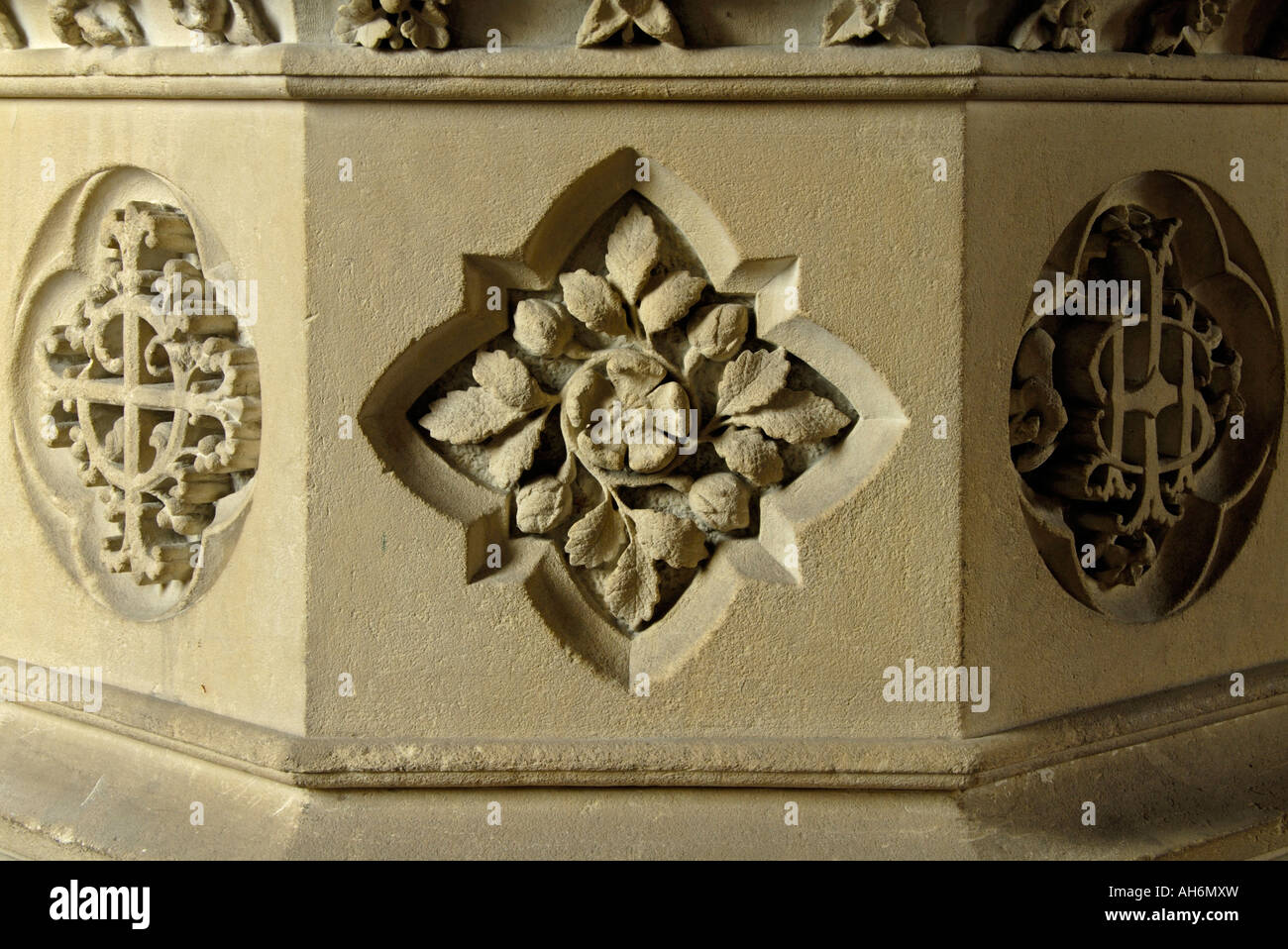Detail of font. Church of Saint Peter, Great Asby, Cumbria, England, U ...