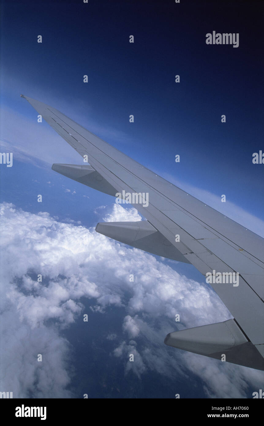 Arial View from aircraft window with wing and blue sky and clouds Stock ...
