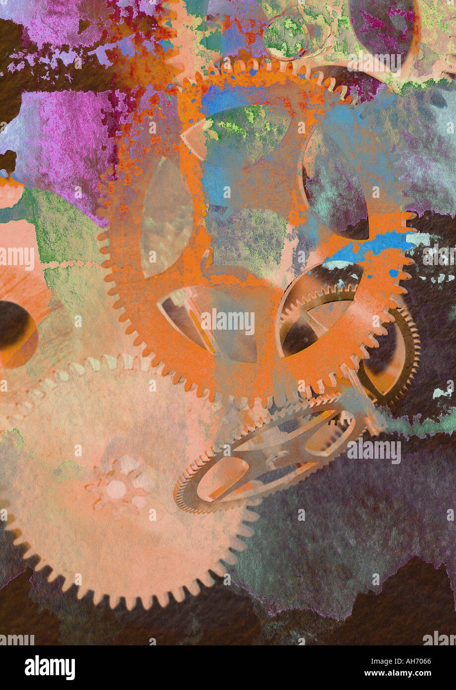 Cogs and gears with brightly coloured water colour paint effects Stock ...