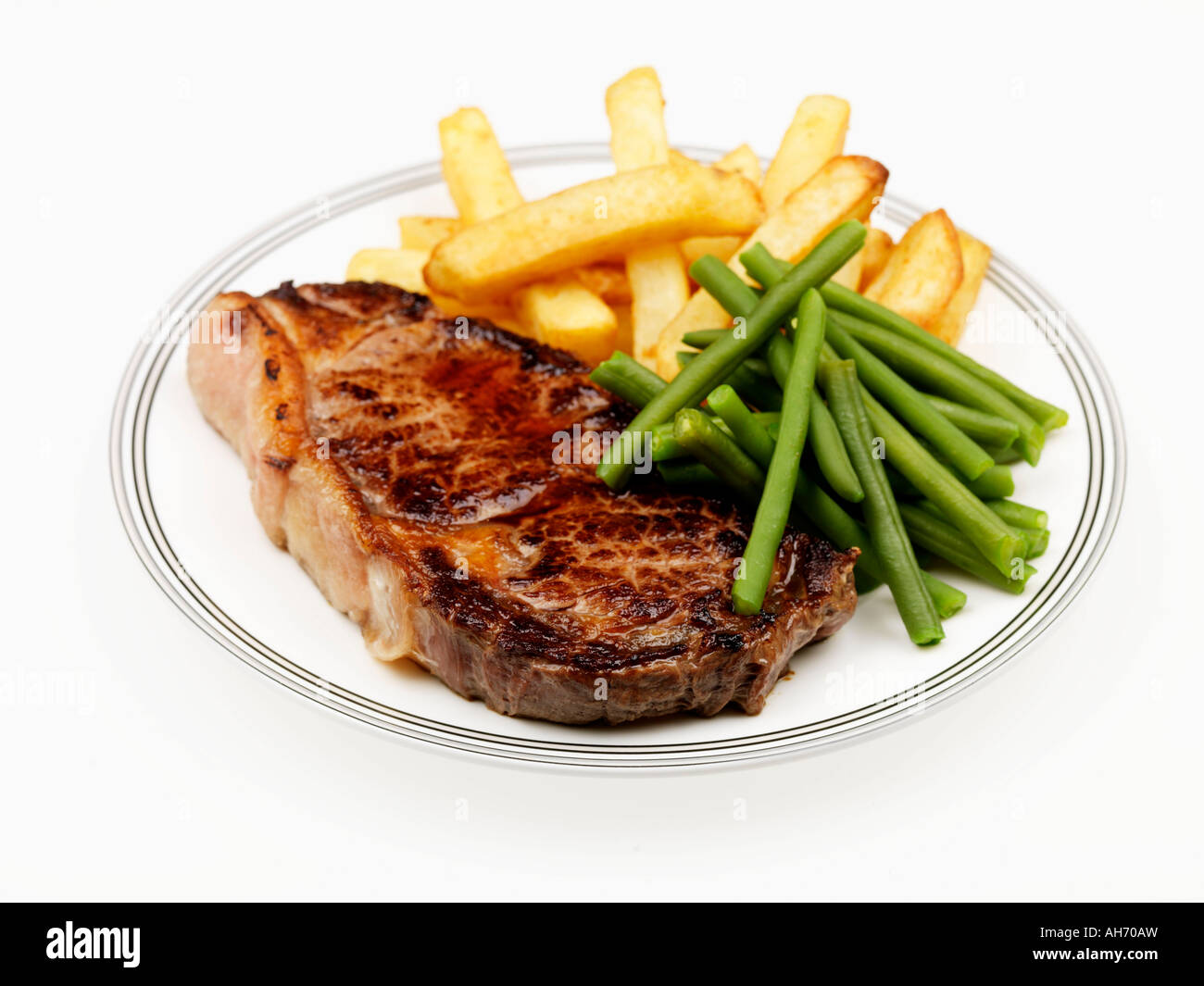 Grilled Sirloin Beef Steak With Chips And Green Beans Meal Isolated ...