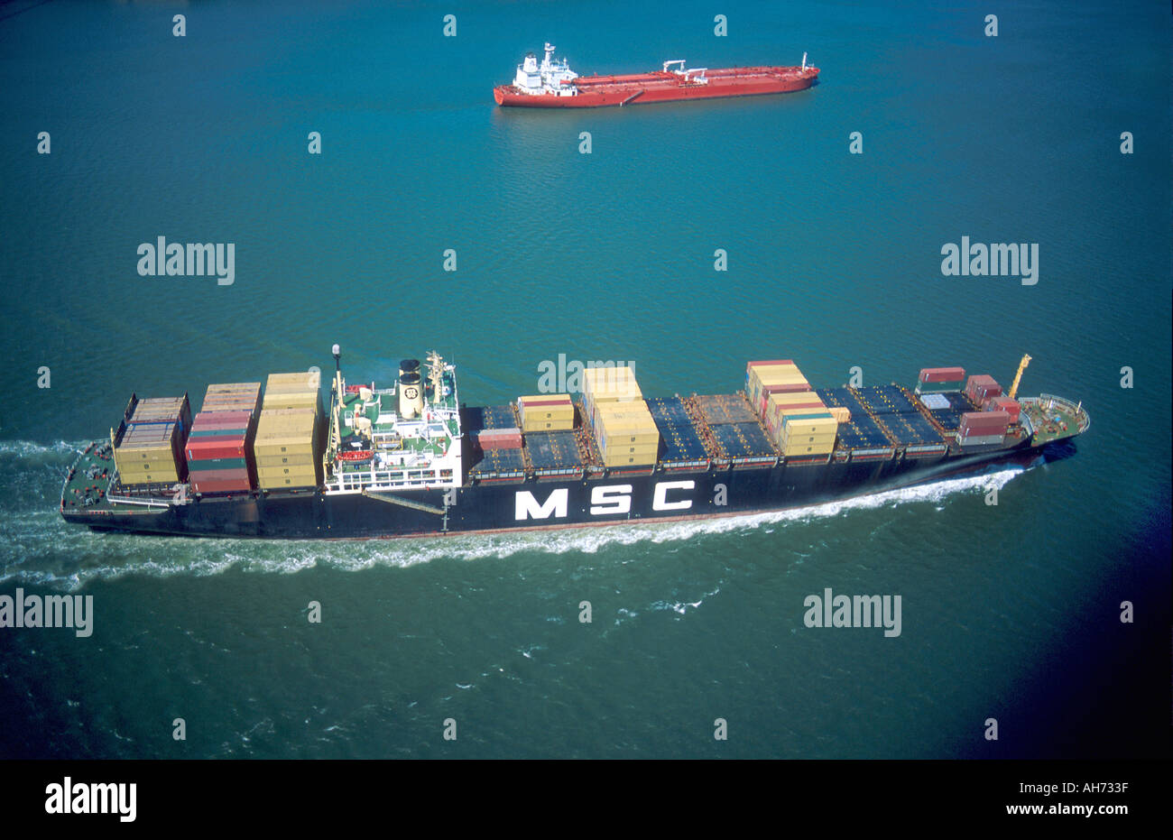 Container ship entering new York Harbor with tanker in background Stock ...