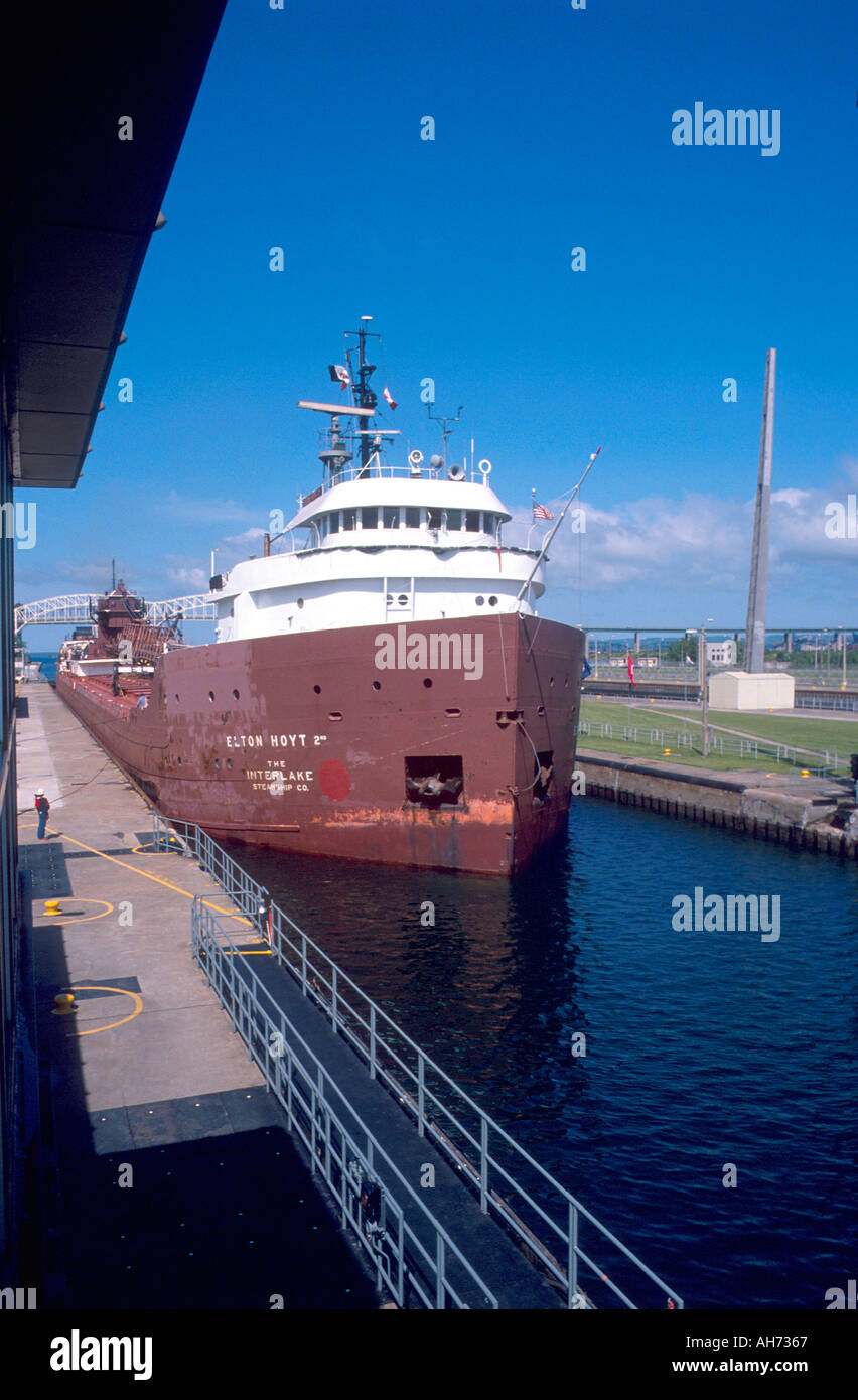 Great Lakes freighter passing through the Soo Locks at Sault Ste Marie ...