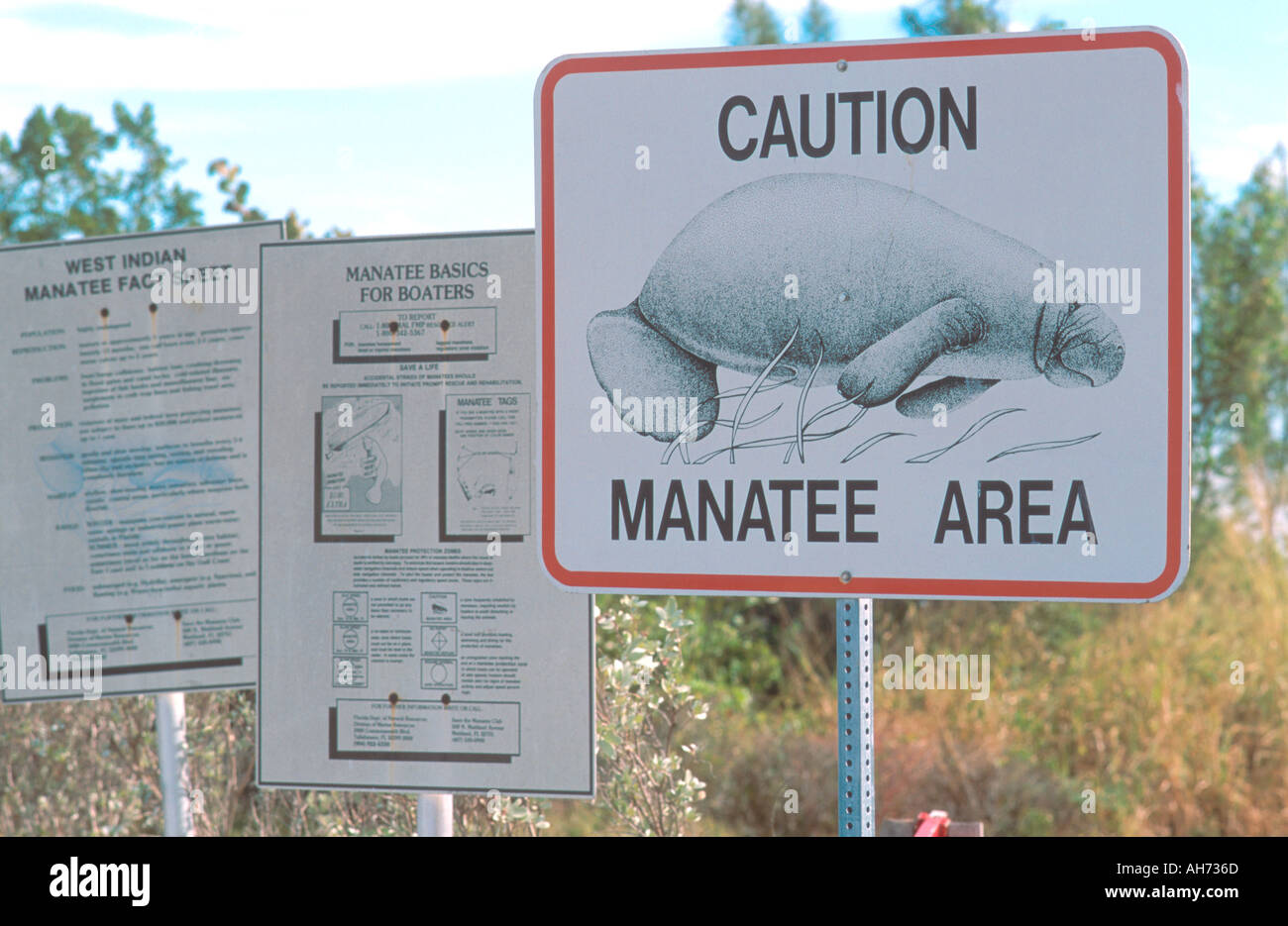 Manatee warning signs at Sarasota Florida boat launching site Stock ...