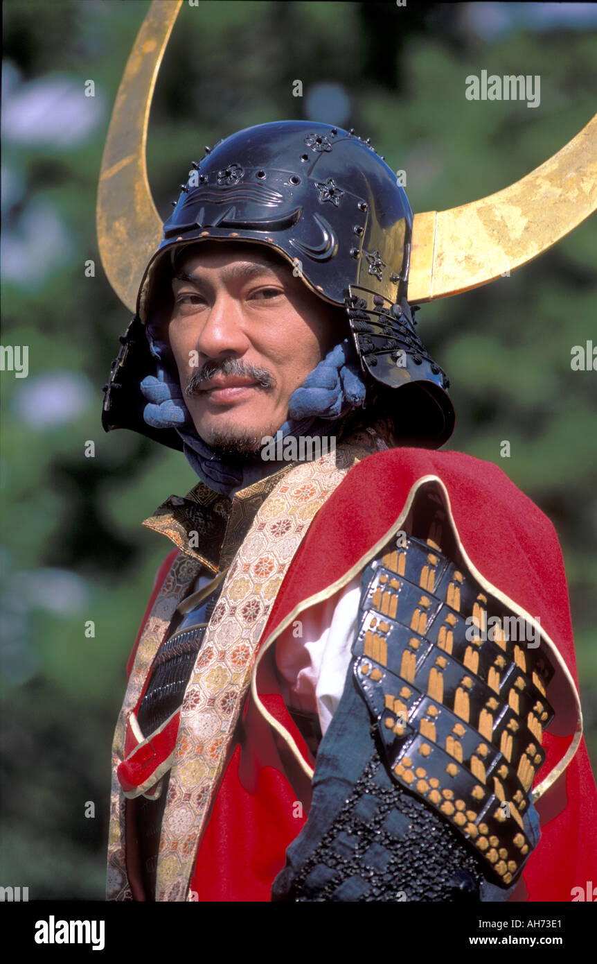 A samurai warrior with frightening horns on his kabuto helmet partaking ...