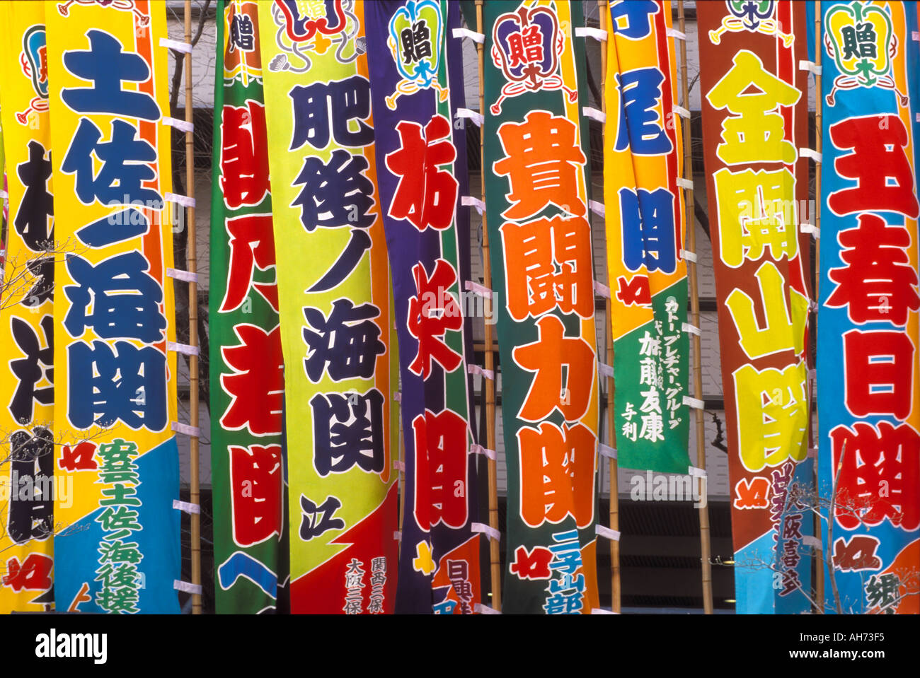 Colorful display pattern of Sumo wrestling banners outside a tournament ...