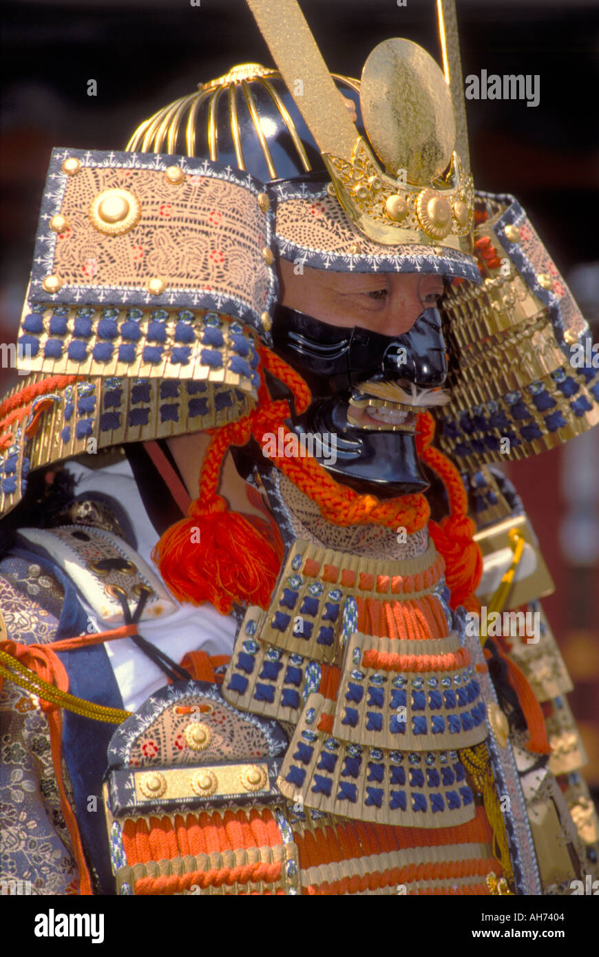 Man dressed in full samurai armor participating in the traditional ...