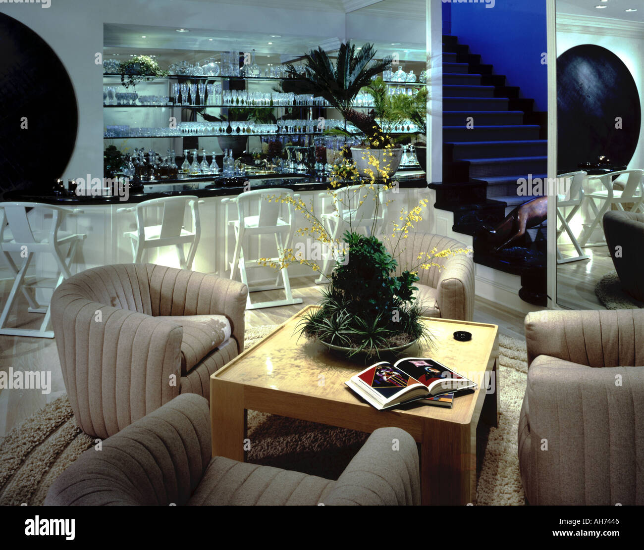 Den bar sitting room staircase natural blue daylight hallway ...