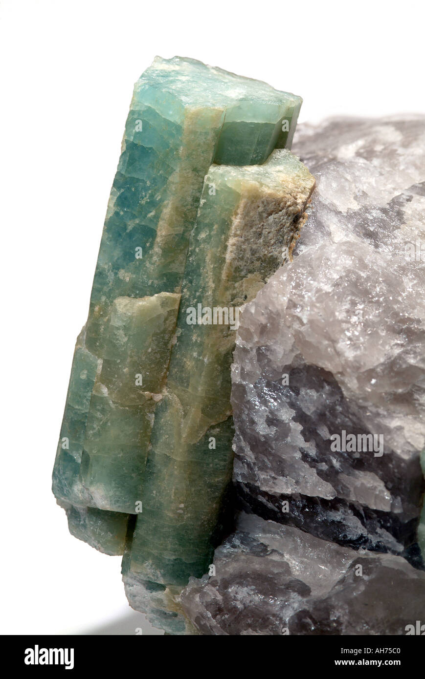 Mineral Beryl, Green beryl crystal prisms on quartz matrix ...