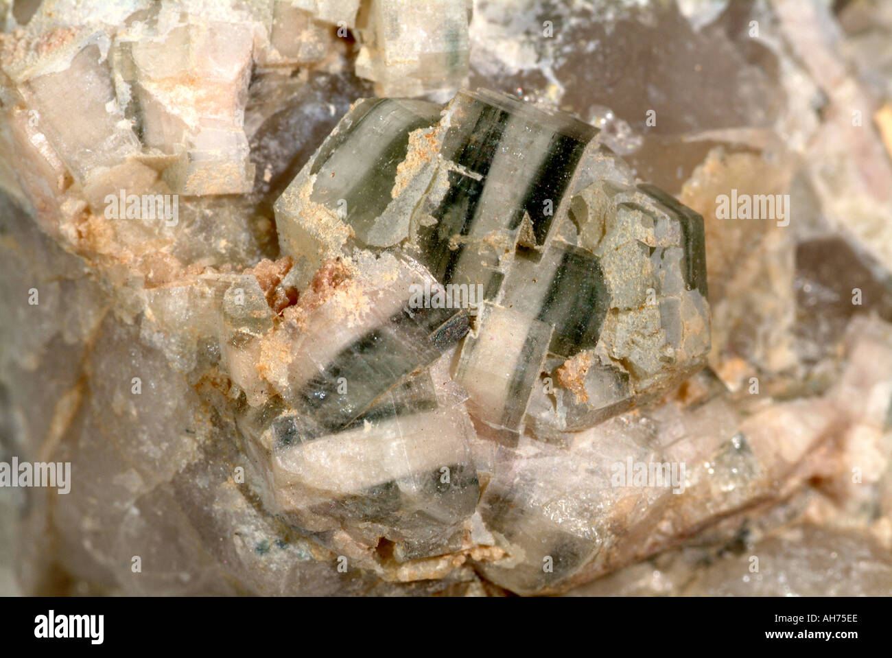Mineral Fluorapatite, Banded (dark and light green) apatite crystals on ...