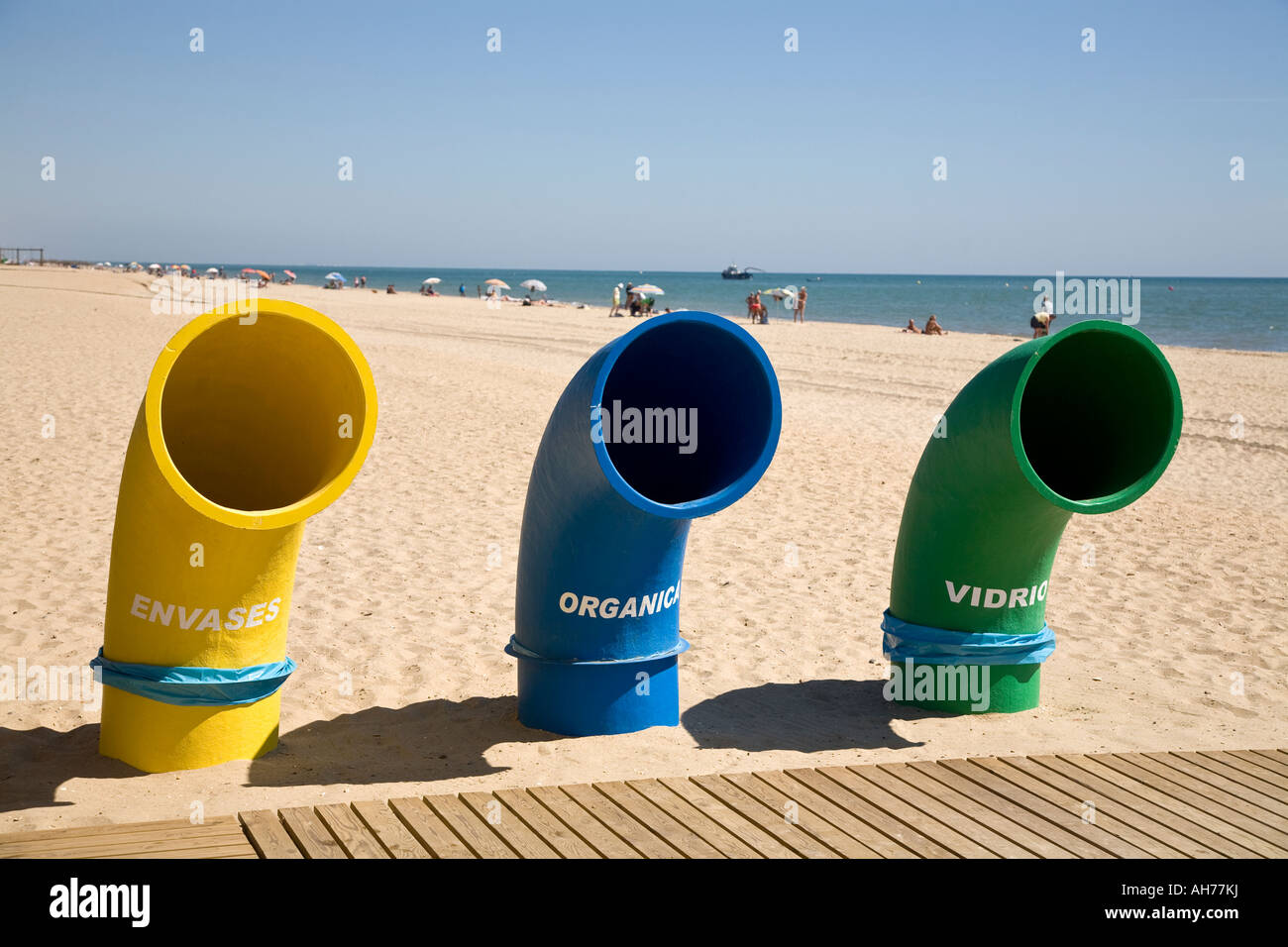 Plastic recycling bins on a beach in Islantilla Costa De Luz Spain ...