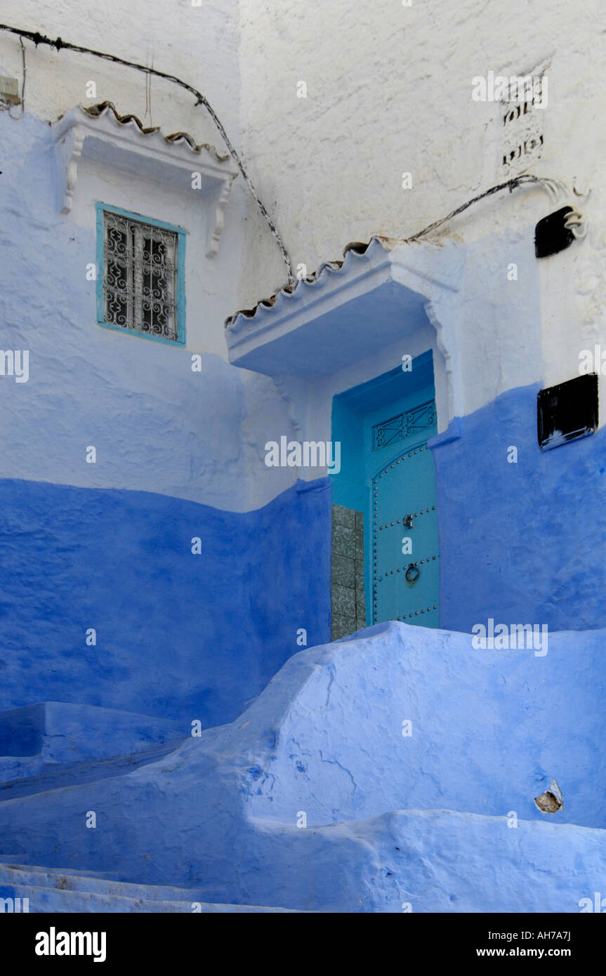 Immaculate clean looking blue washed view of typical house Chefchaouen ...