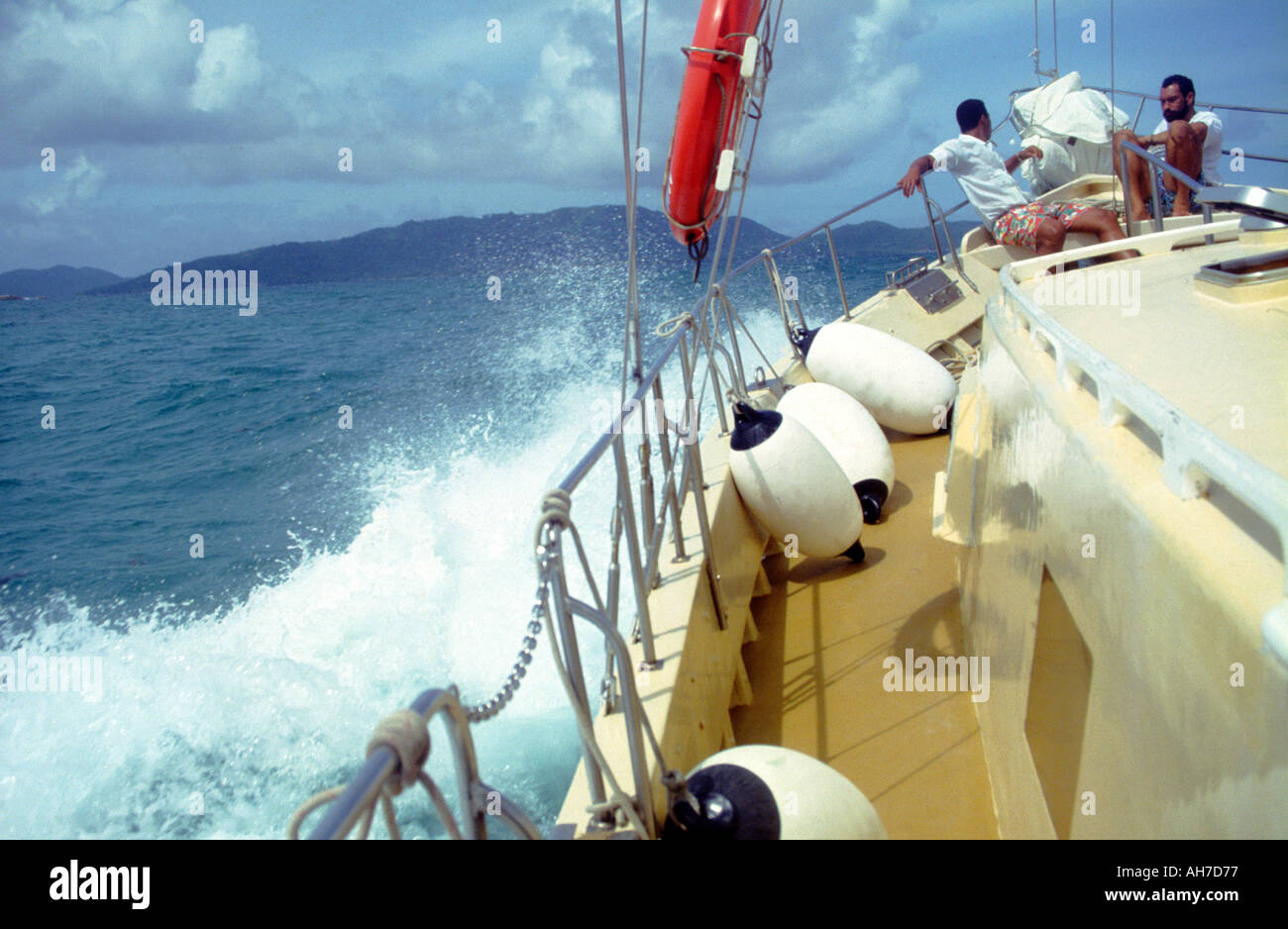 Inter island boat crossing from Praslin to La Digue Seychelles Stock ...