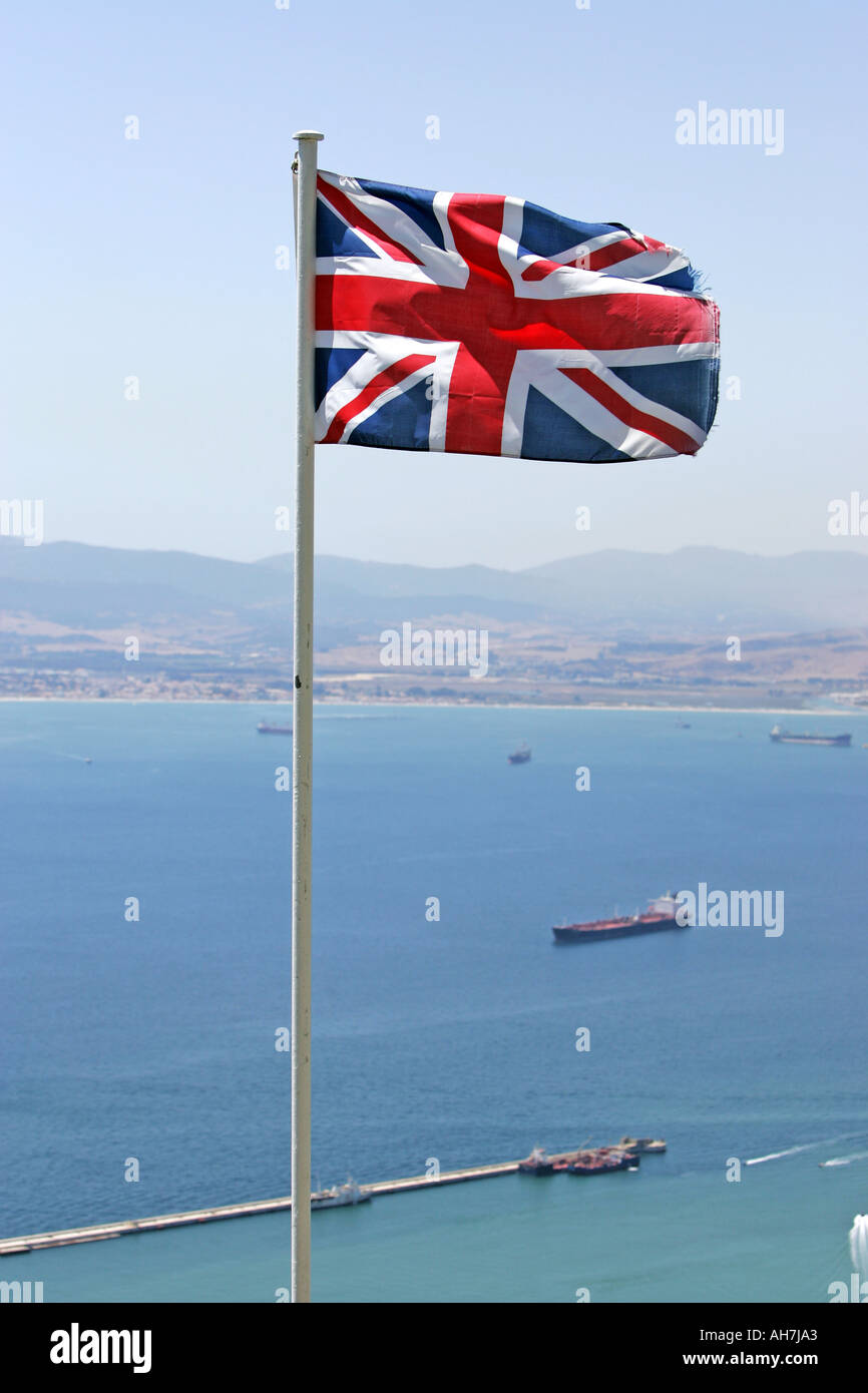 British flag flying on top on rock in Gibraltar Stock Photo - Alamy