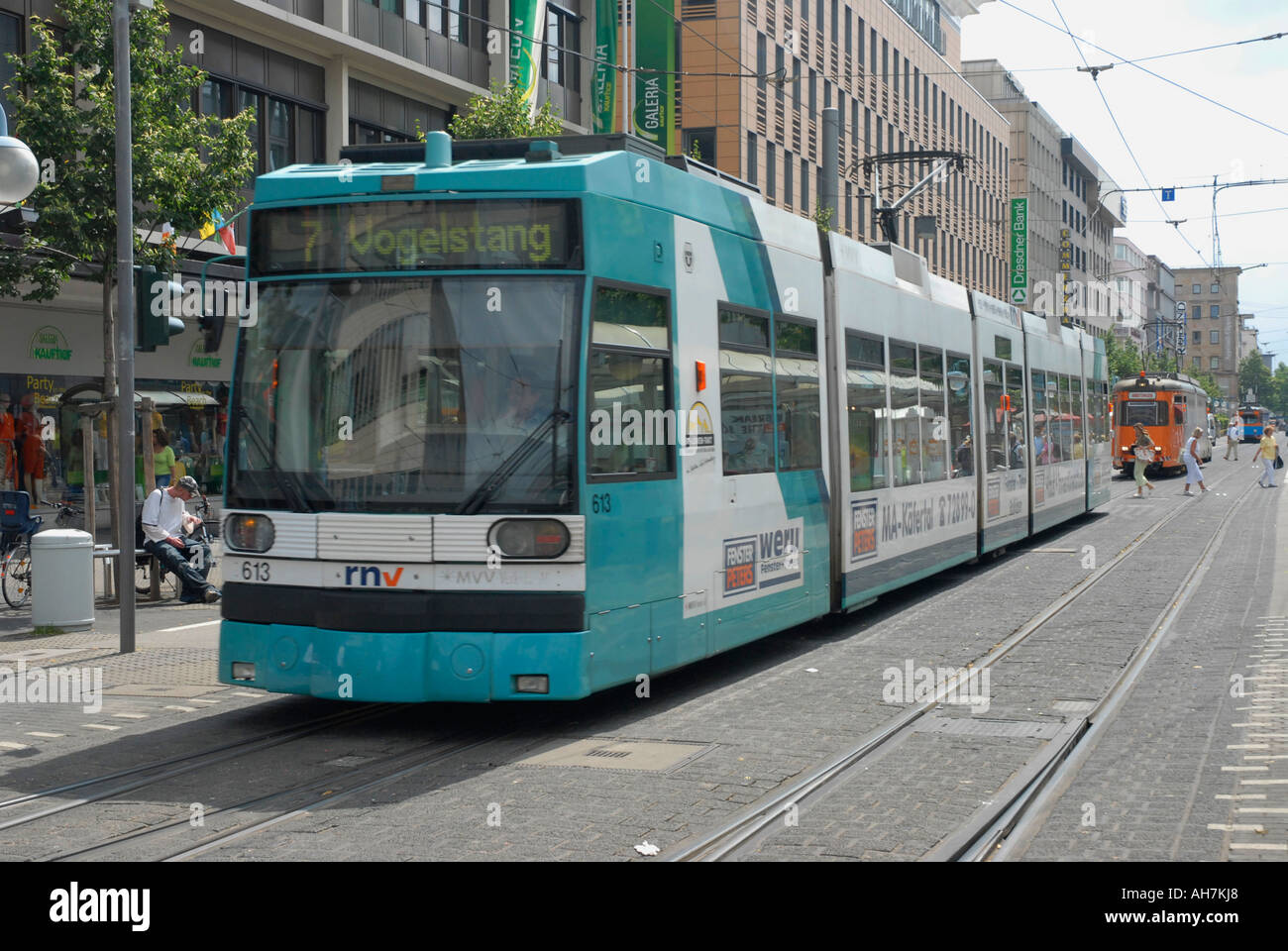 Blue and white coloured tram in the German city of Mannheim Stock Photo ...