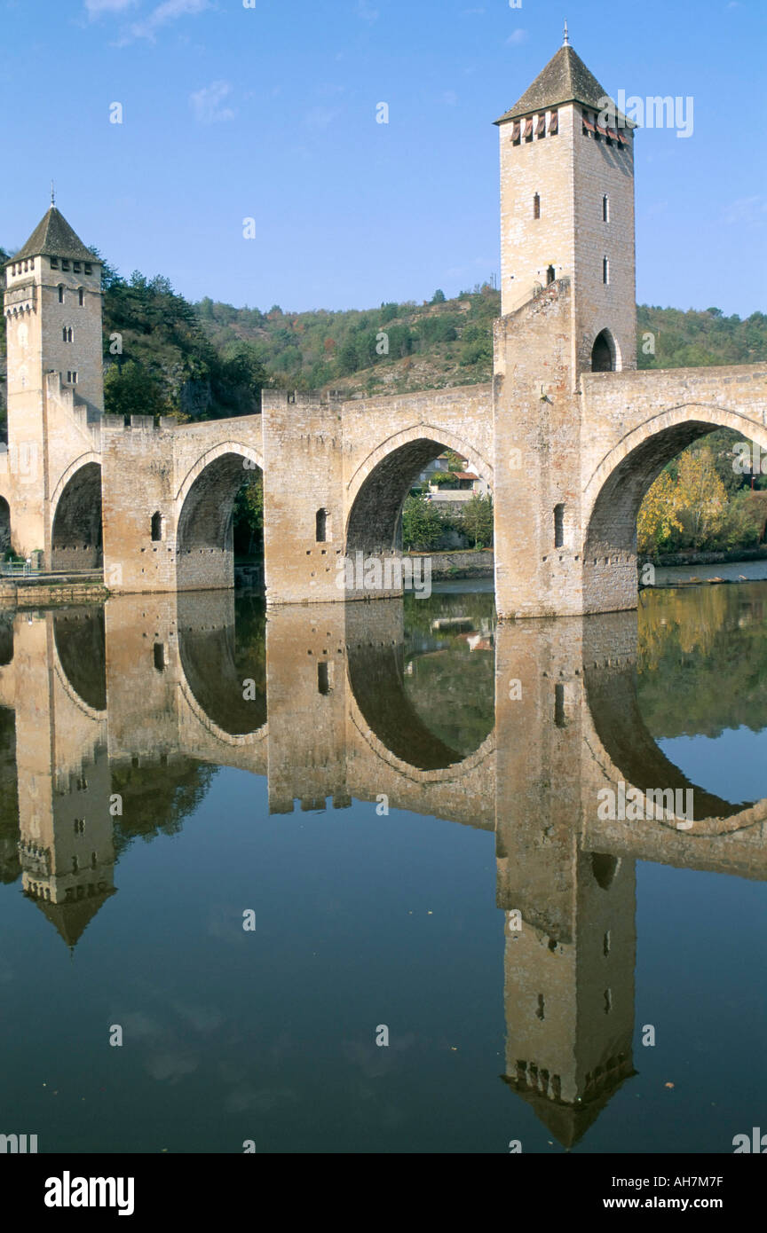 The fortified Valentre bridge dating from 14th century town of Cahors ...