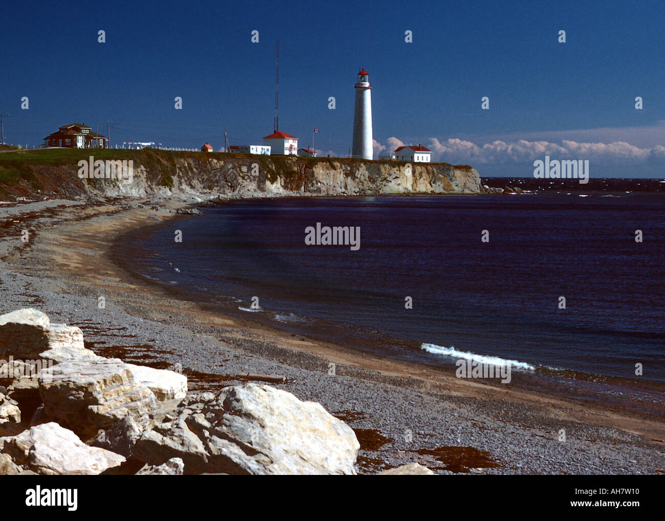 Gaspe Point Lighthouse at Cap des Rosiers in eastern Quebec Stock Photo ...