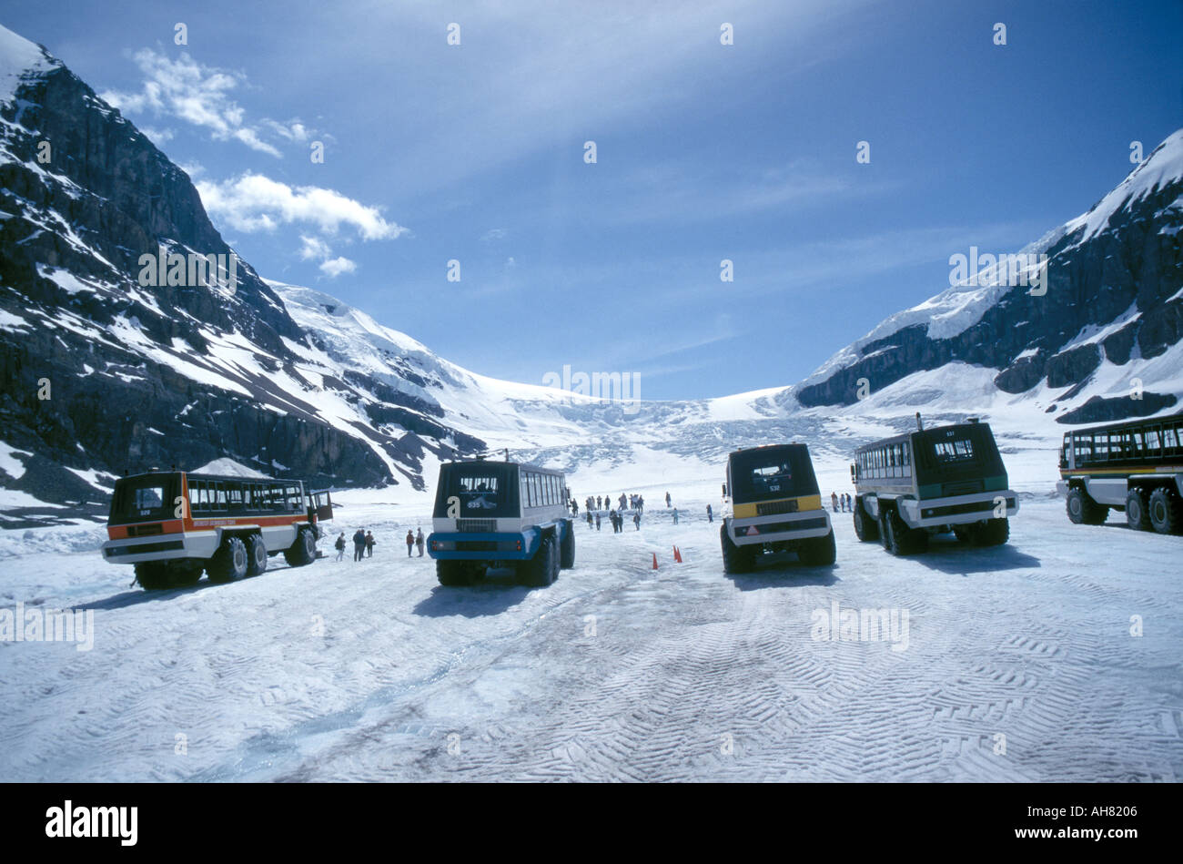 Snow coaches on the ATHABASCA glacier in the Banff National Park Canada ...