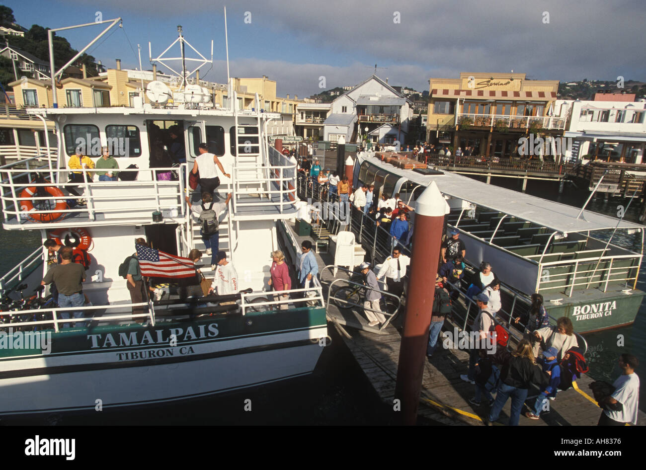California Tiburon passengers boarding ferry to Angel Island State Park ...