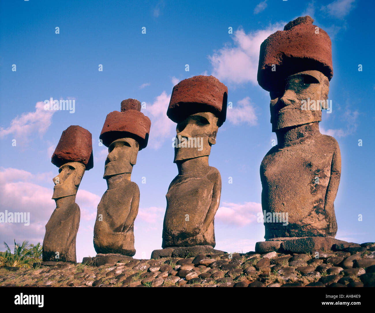 Easter Island Chile Moai on Ahu Nau Nau at Anakena beach Stock Photo ...